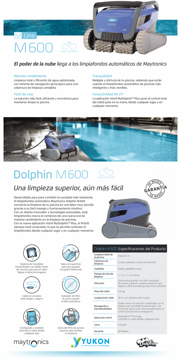 ROBOT LIMPIA PISCINAS DOLPHIN M600 WIFI MAYTRONICS - Yukon